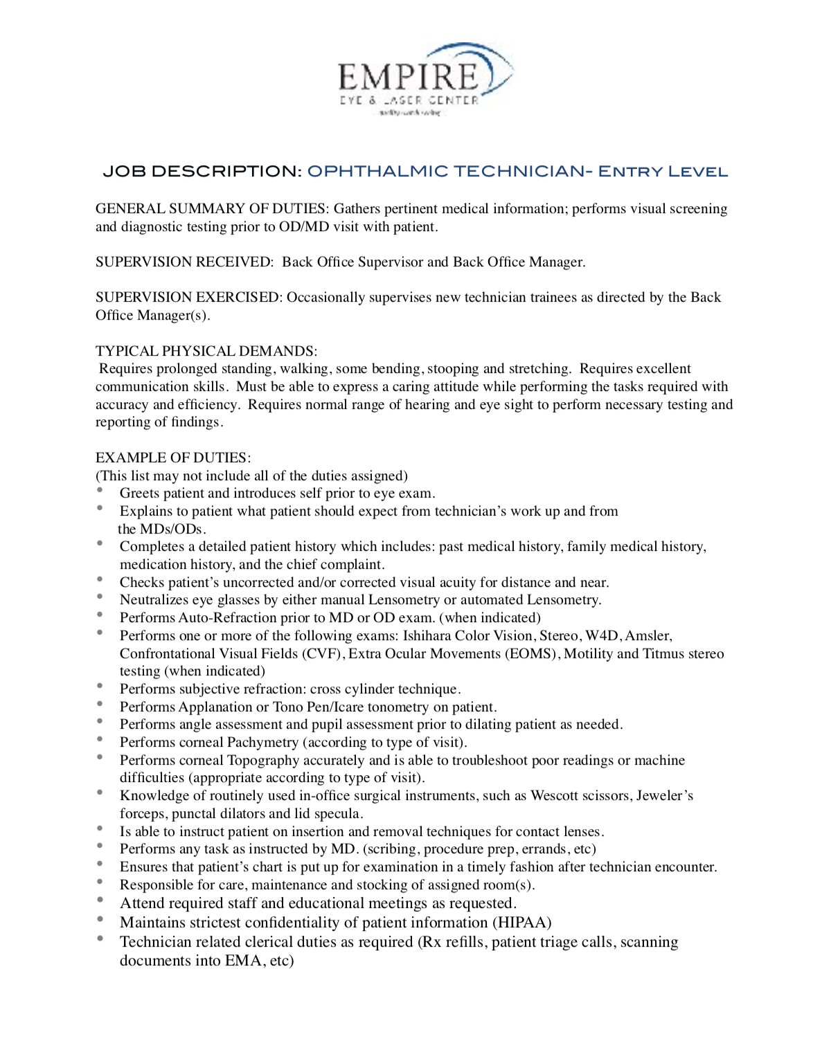 Career Opportunities | Empire Eye and Laser Center